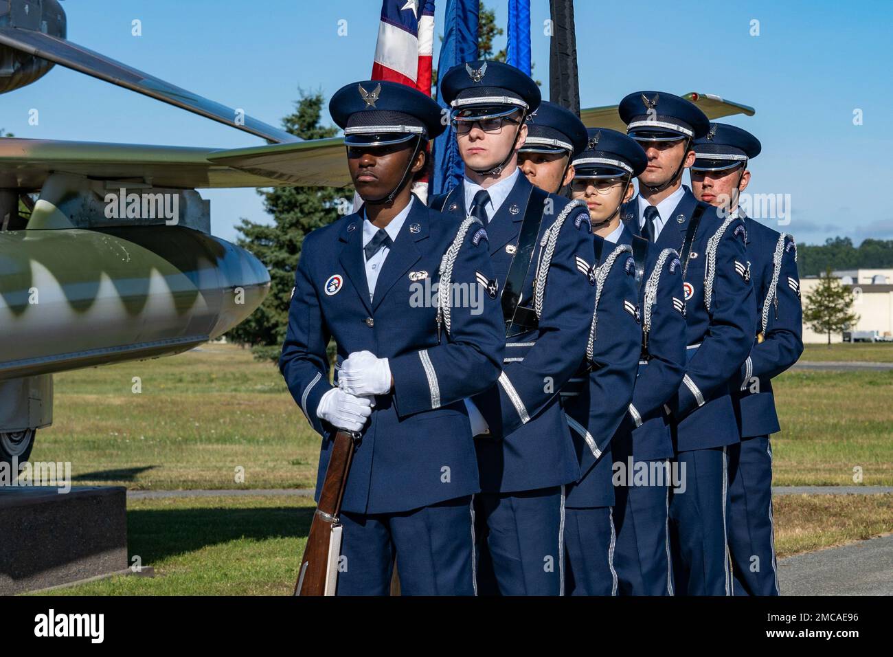 U.S. Air Force Airmen with the Joint Base Elmendorf-Richardson Honor Guard prepare to present ...
