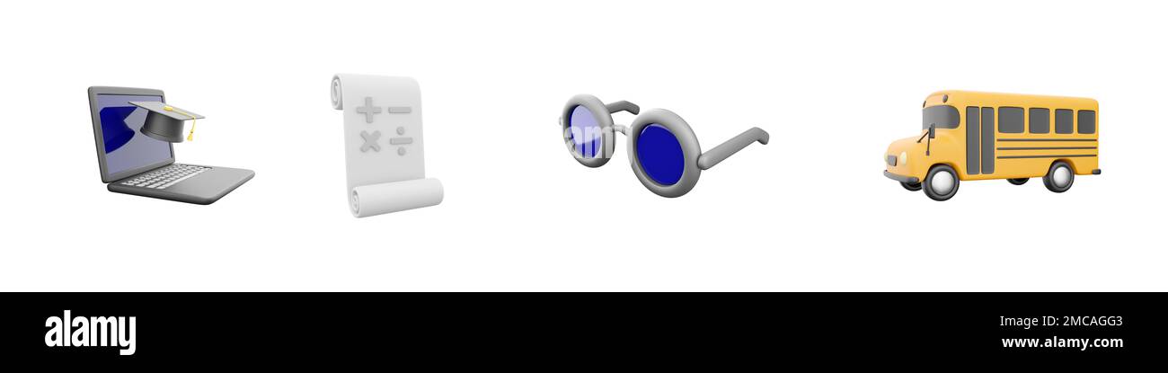 3d render Laptop,paper roll,glassesand school bus on white background. 3d rendering Laptop,paper ...