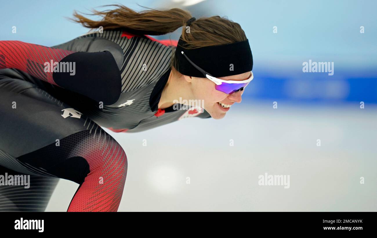 Marsha Hudey of Canada skates during a speedskating practice ahead of ...
