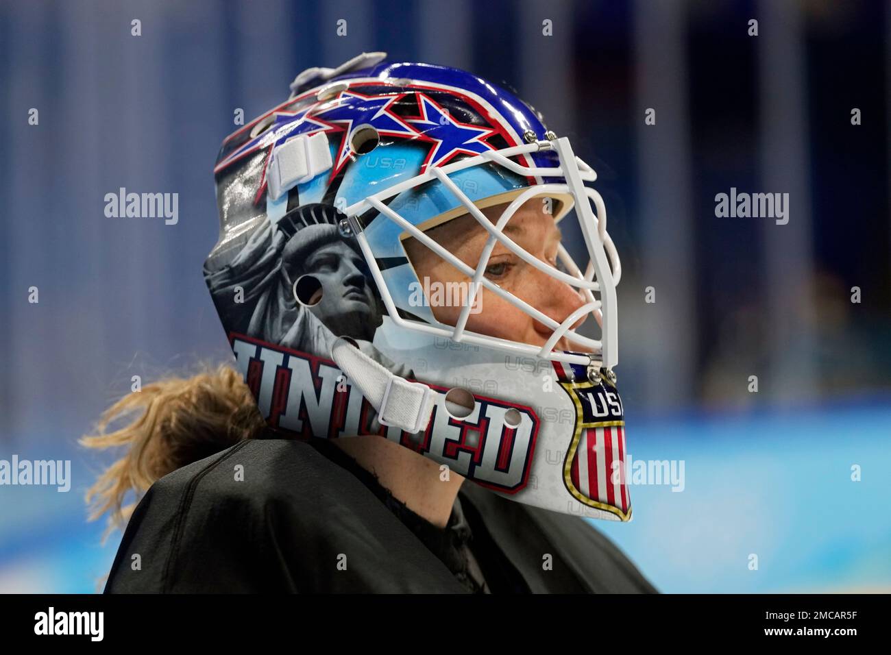 United States' women's hockey team goalkeeper Alex Cavallini practices ...