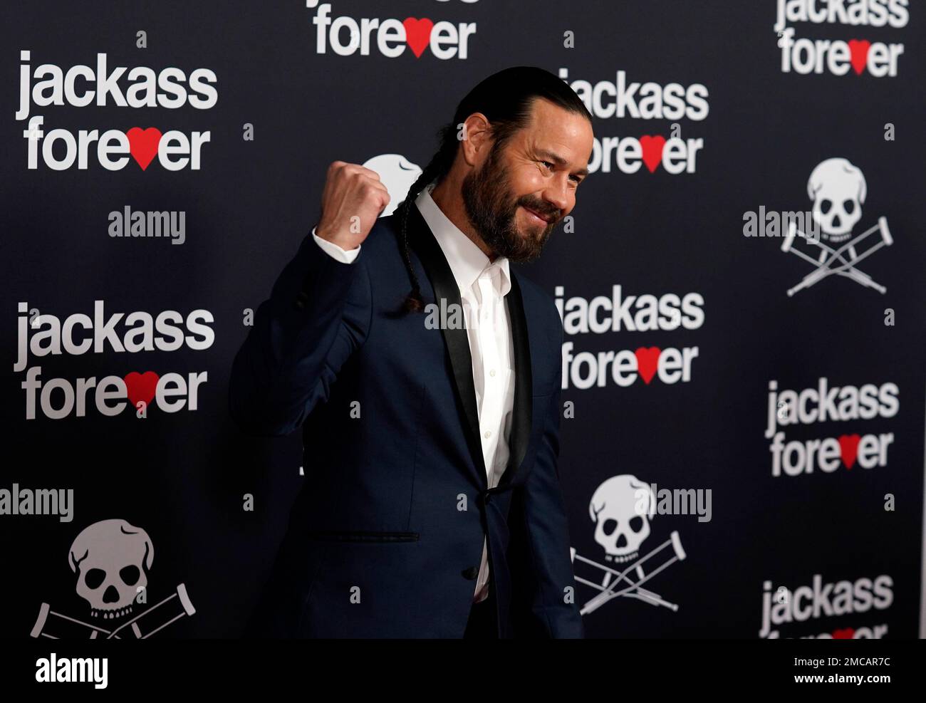 Chris Pontius poses at the premiere of the film "Jackass Forever ...