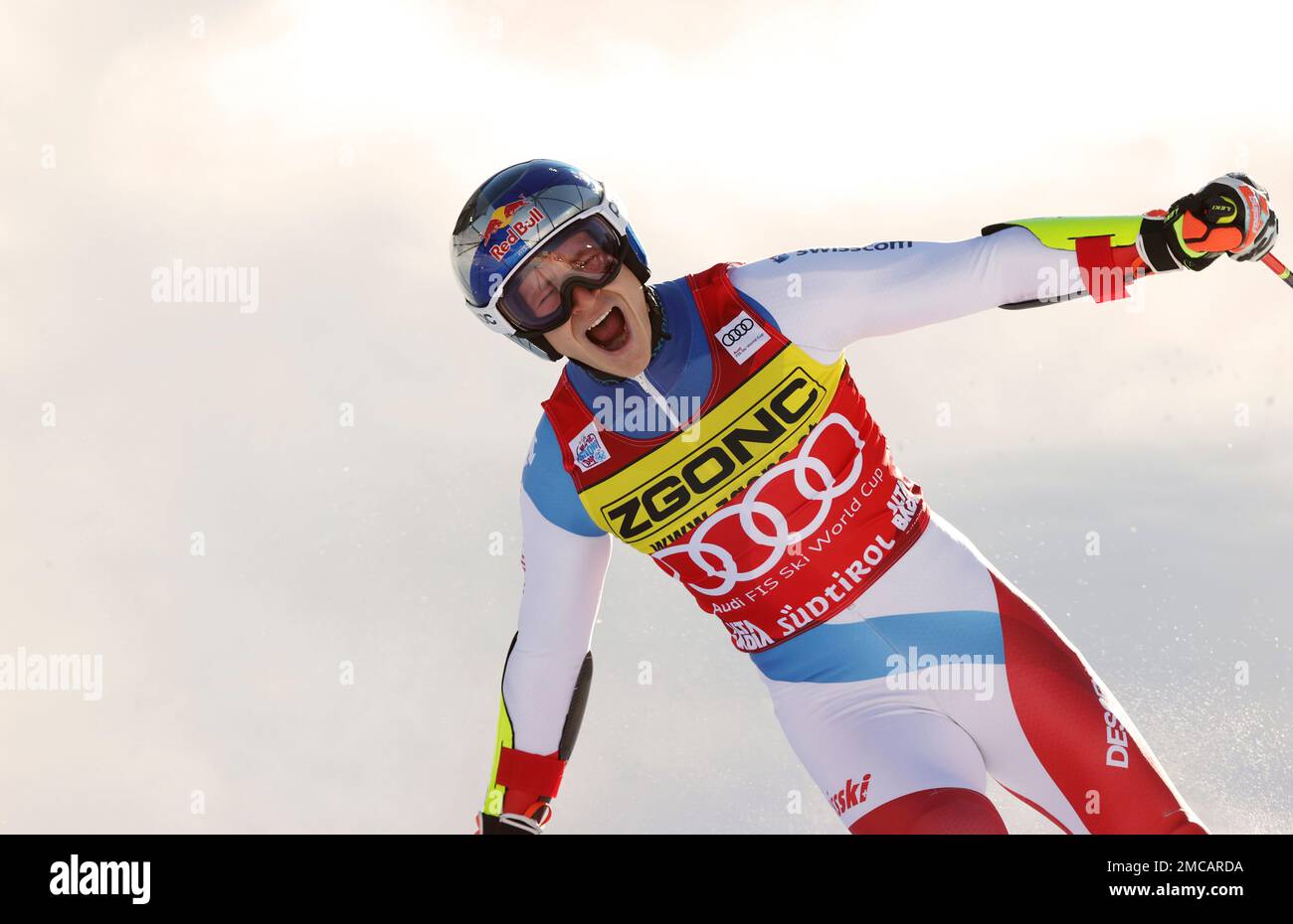 FILE- Switzerland's Marco Odermatt celebrates at finish area after ...
