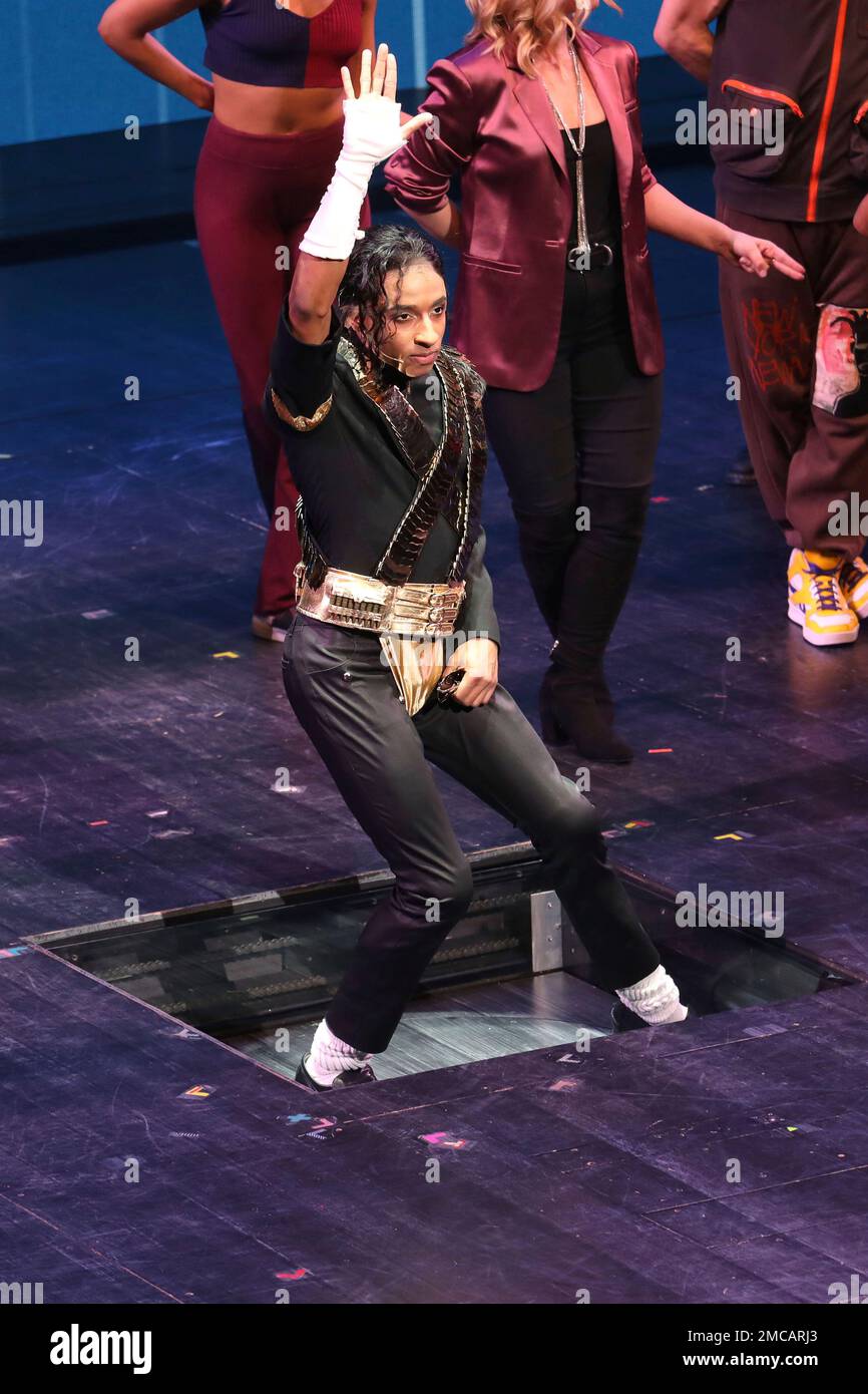 Myles Frost appears on stage during the "MJ: The Musical" Broadway ...