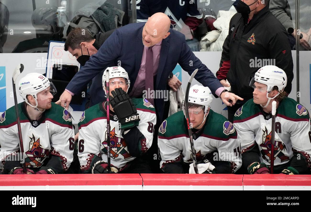 Arizona Coyotes head coach Andre Tourigny talks to players before ...