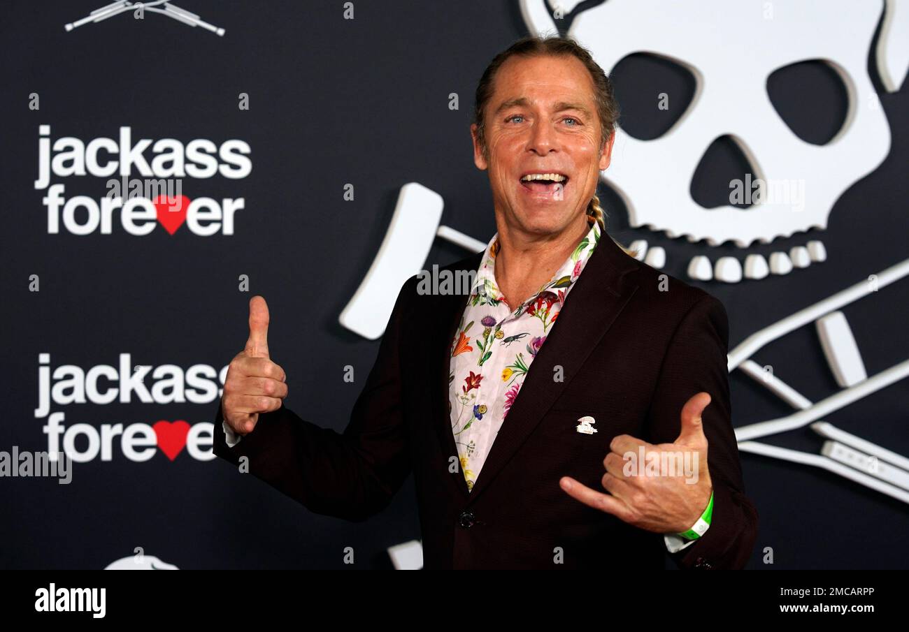 Dave England, a cast member in "Jackass Forever," poses at the premiere ...
