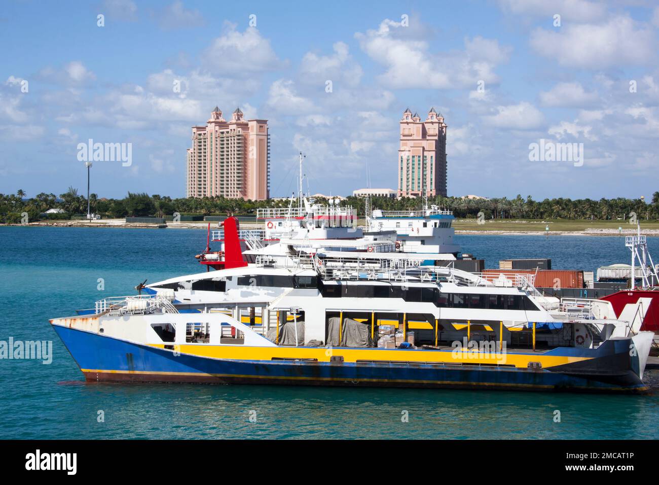 The view of ferry boats moored in Nassau Harbour and Paradise Island ...