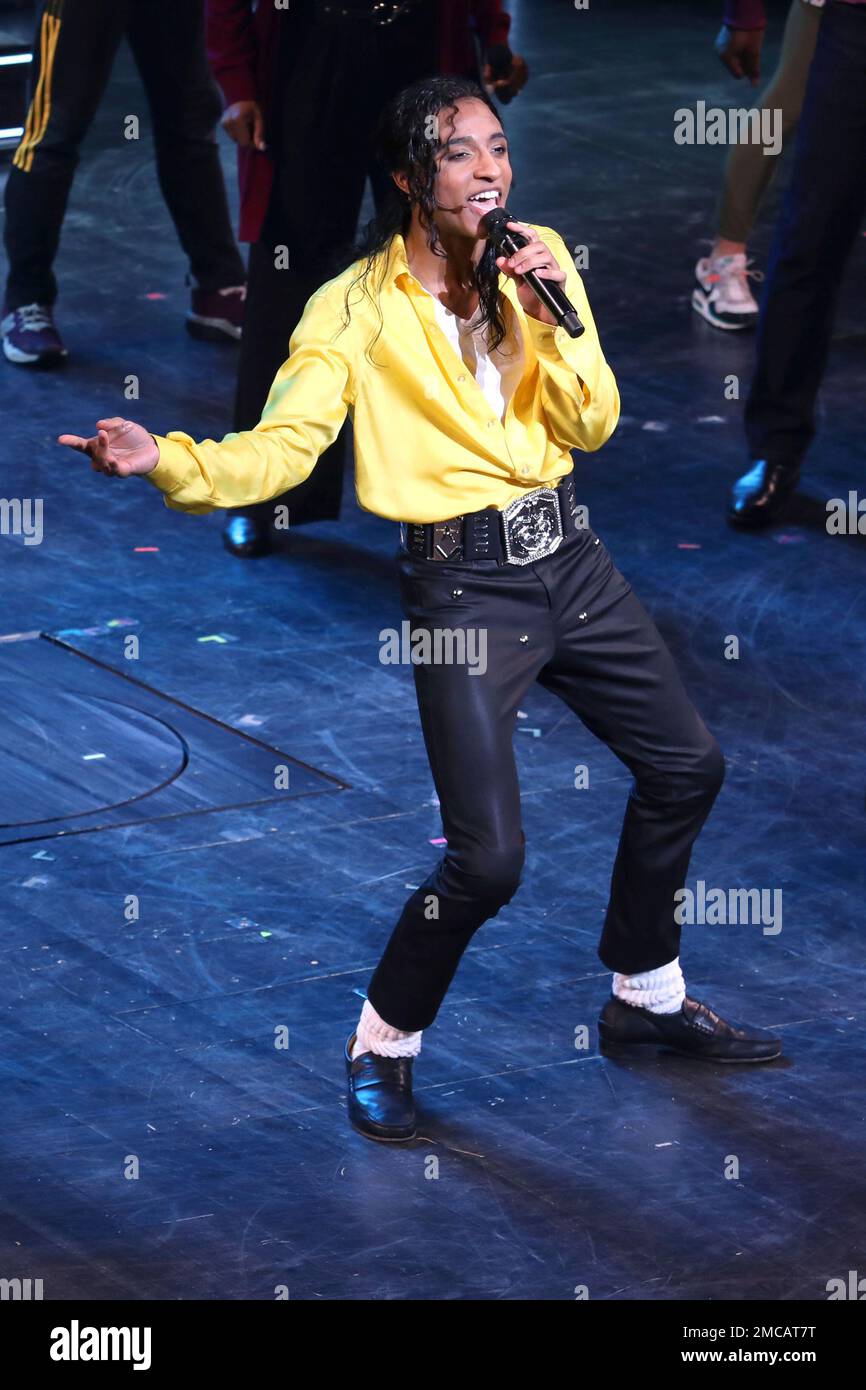 Myles Frost appears on stage during the "MJ: The Musical" Broadway ...