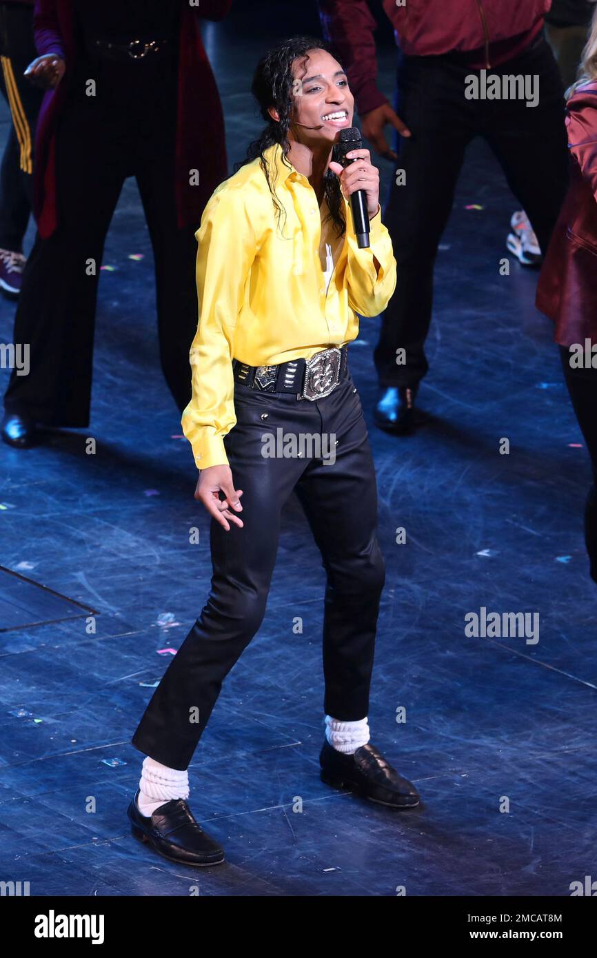 Myles Frost appears on stage during the "MJ: The Musical" Broadway ...