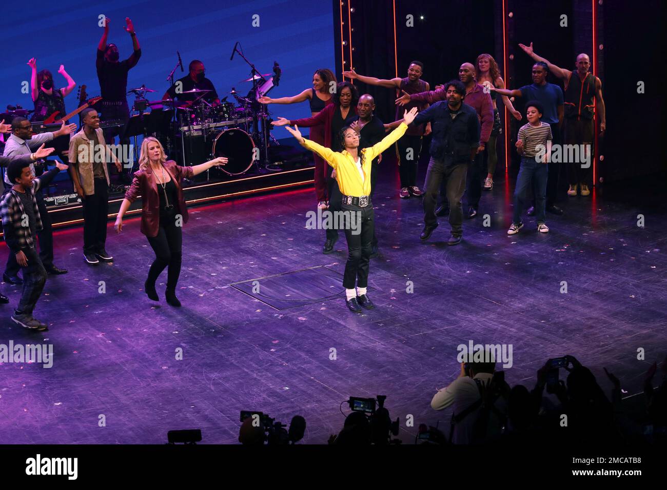 Myles Frost, center, appears on stage during the "MJ: The Musical ...