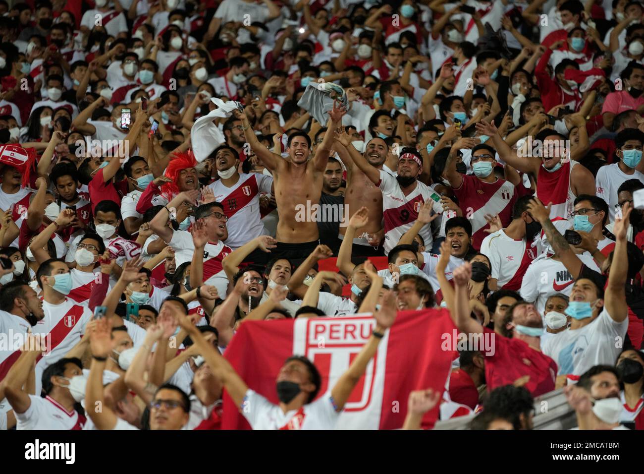Fans of Peru cheer for their team before a qualifying soccer match ...