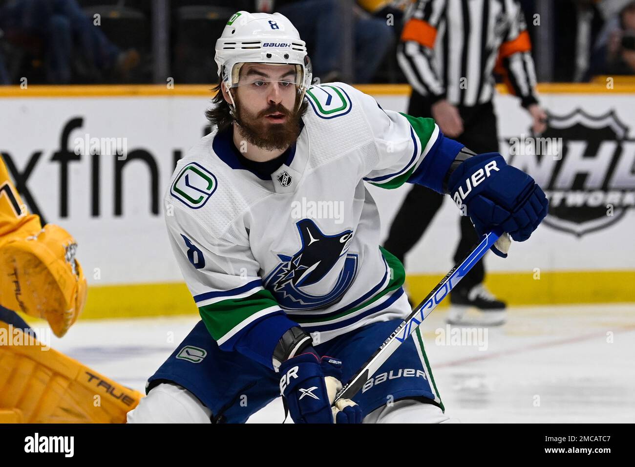 Vancouver Canucks right wing Conor Garland (8) plays against the ...