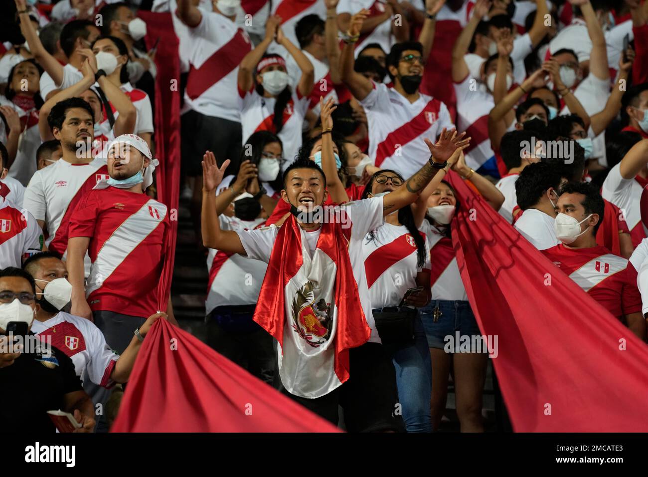 Fans of Peru cheer for their team before a qualifying soccer match ...