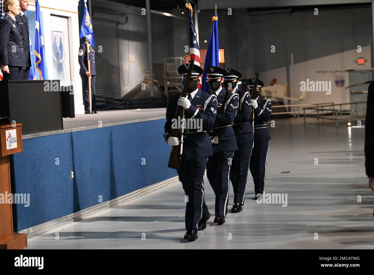The Robins Air Force Base, Georgia, Honor Guard posts the colors during ...