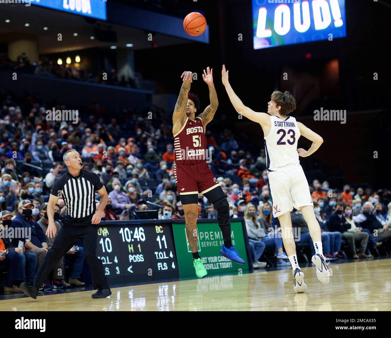 Boston College guard Brevin Galloway (51) hits a 3-point basket next to ...