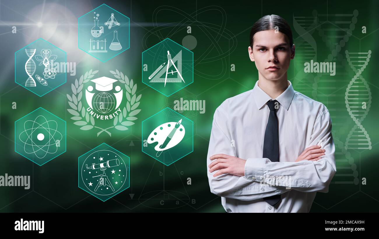 Portrait of student guy on background with educational signs Stock ...