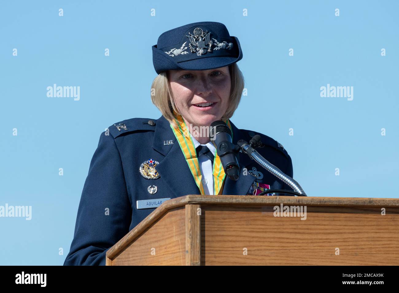 U.S. Air Force Col. Kirsten Aguilar delivers her farewell speech during ...