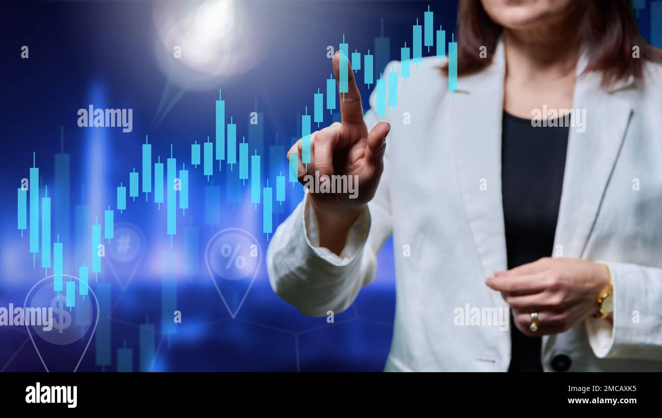Close-up of business woman's hands touching virtual screen with charts Stock Photo - Alamy