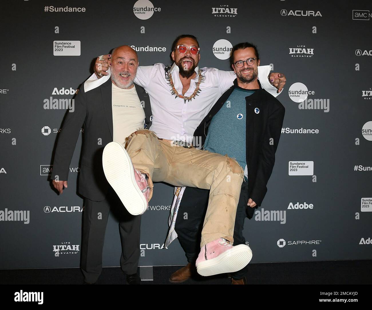 Sandor Mulsow, Jason Momoa and Matthieu Rytz attends the 2023 Sundance ...