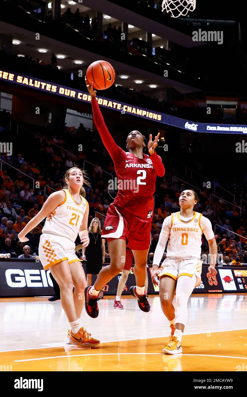 Arkansas guard Samara Spencer (2) shoots between Tennessee guard Tess ...