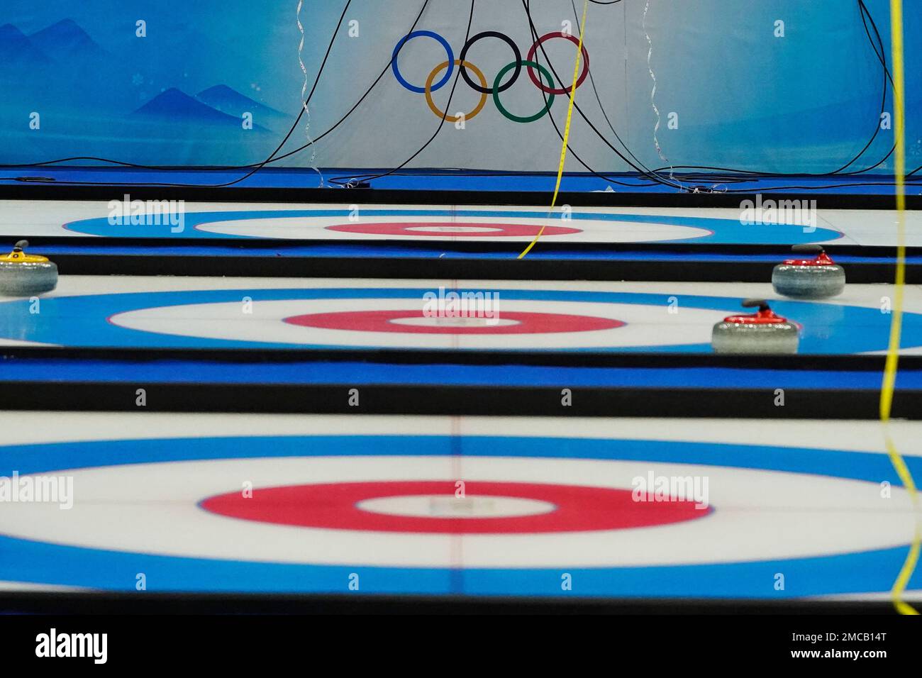 The Olympic Rings are seen at the curling venue ahead of the Beijing ...