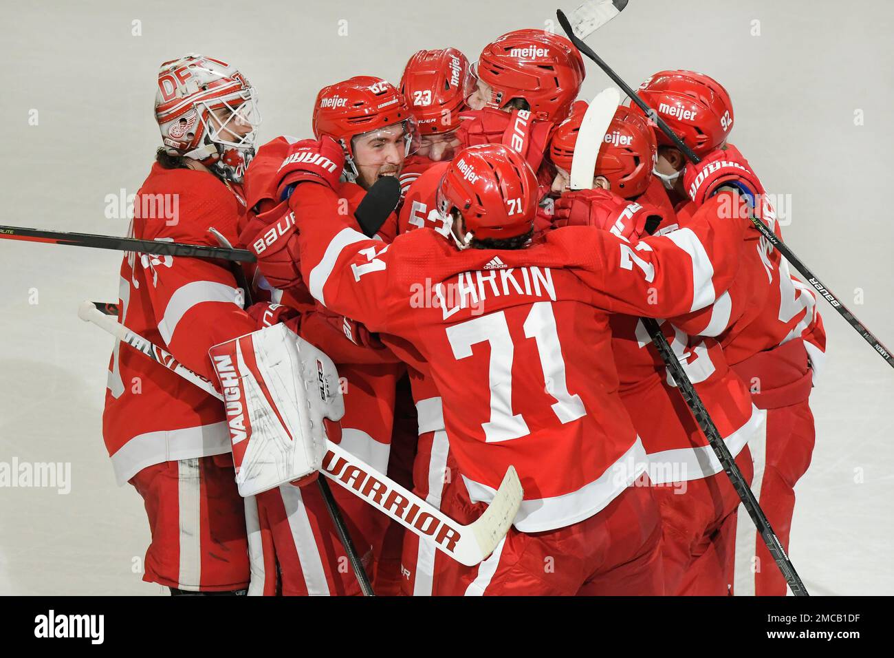 Detroit Red Wings defenseman Jordan Oesterle, second from left, is ...