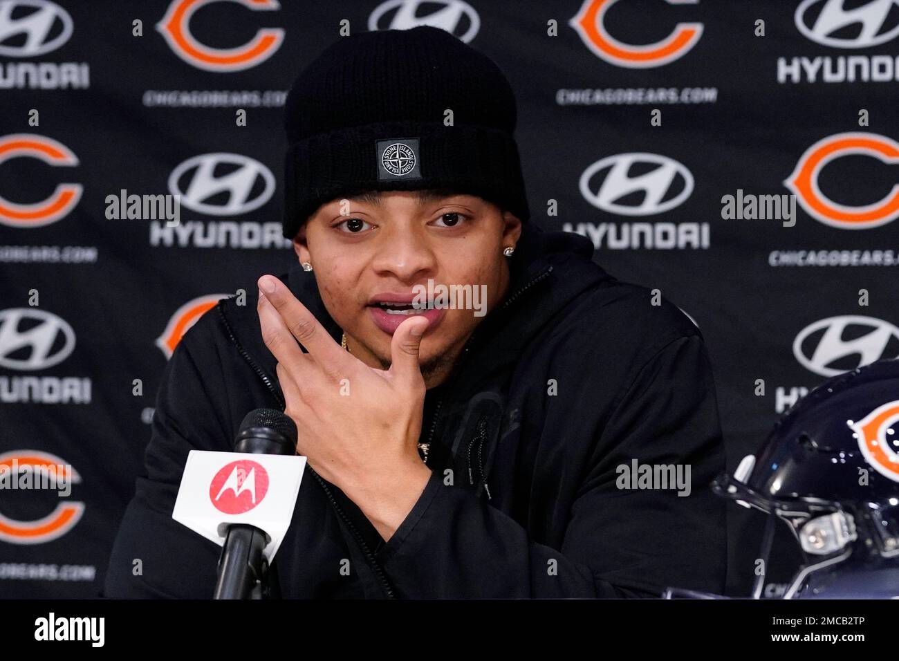 Chicago Bears NFL football team quarterback Justin Fields speaks during ...