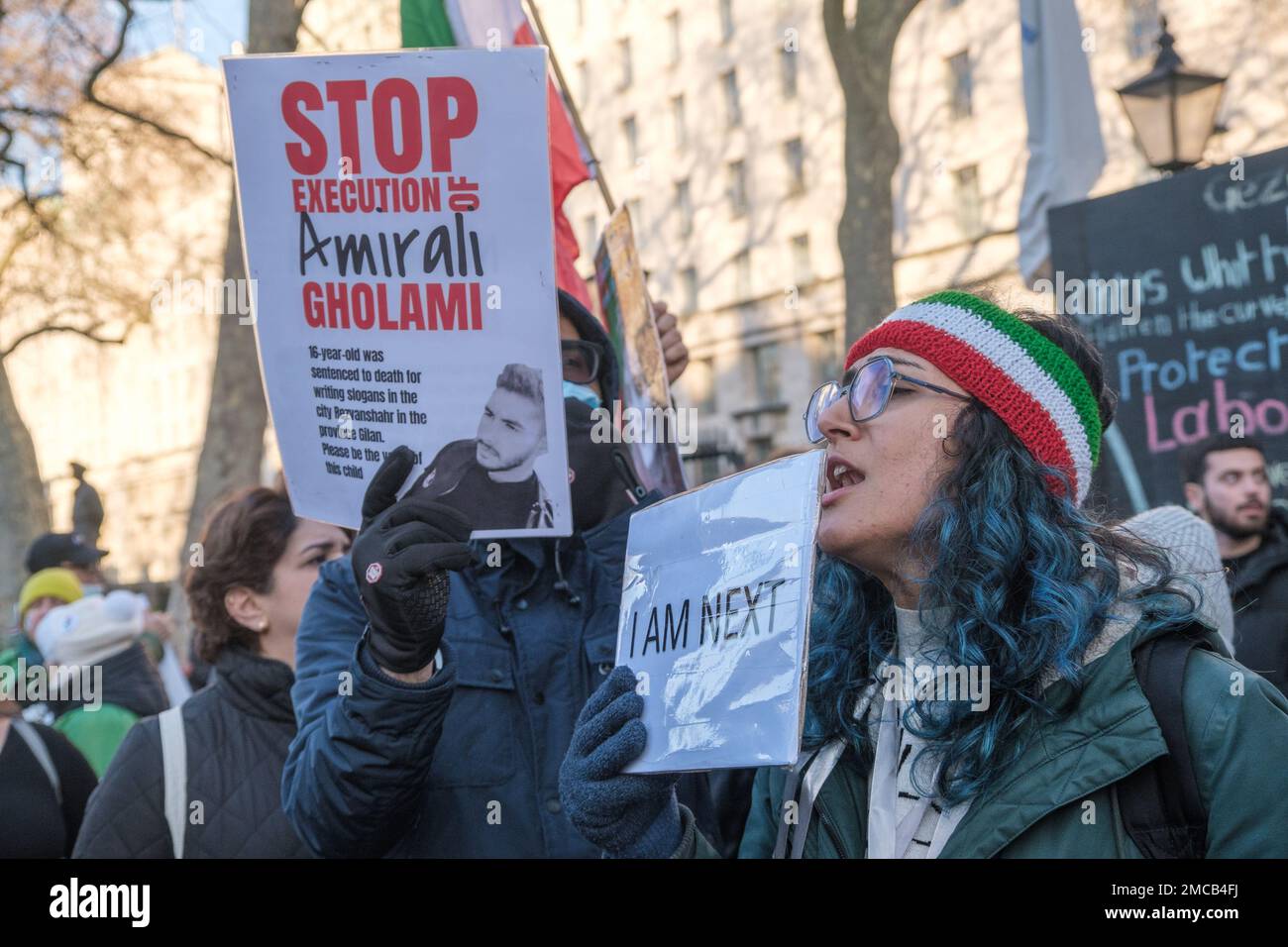 London, UK. 21 Jan 2023. Iranians and supporters march through London ...
