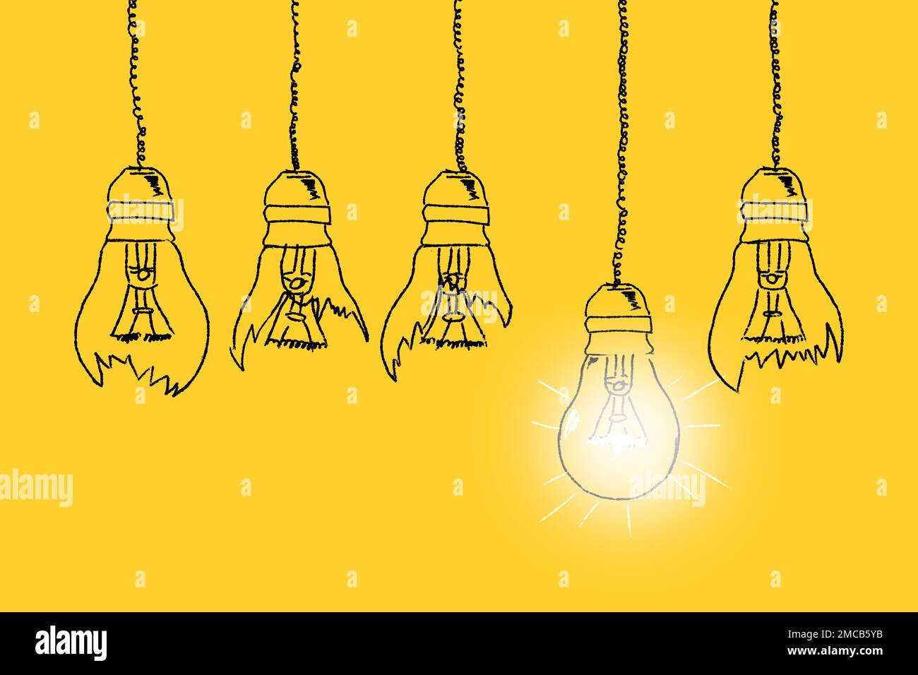 Set of light bulbs hand drawn on a yellow background. Concept of unique ...