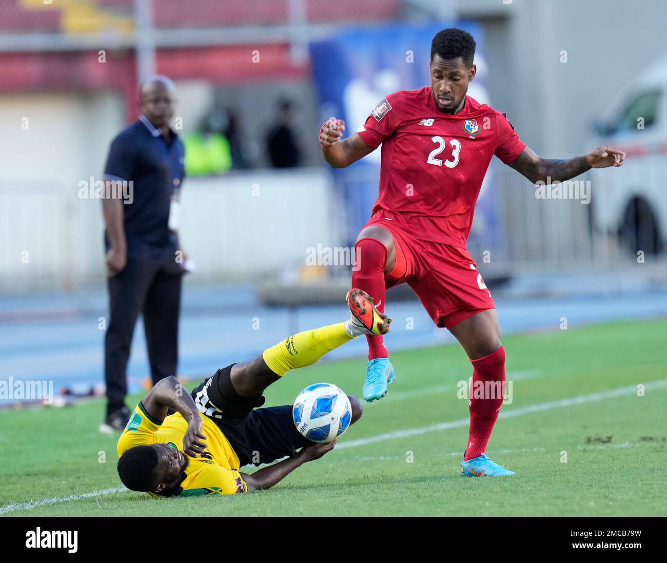 Panama's Michael Murillo, right, strip the ball from Jamaica's Kemar ...