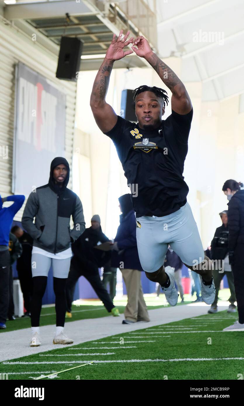 Texas Southern wide receiver Jonathan Giles does a broad jump at the ...
