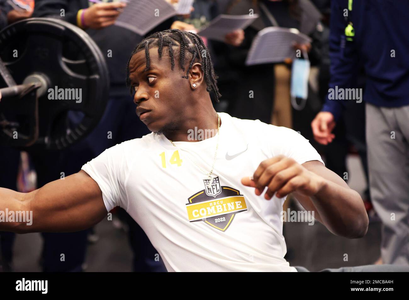 Texas Southern running back Jeff Proctor prepares to do a bench press ...