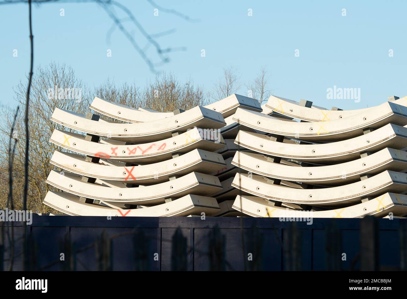 West Ruislip, UK. 21st January, 2023. Tunnel segments stored at the HS2 ...