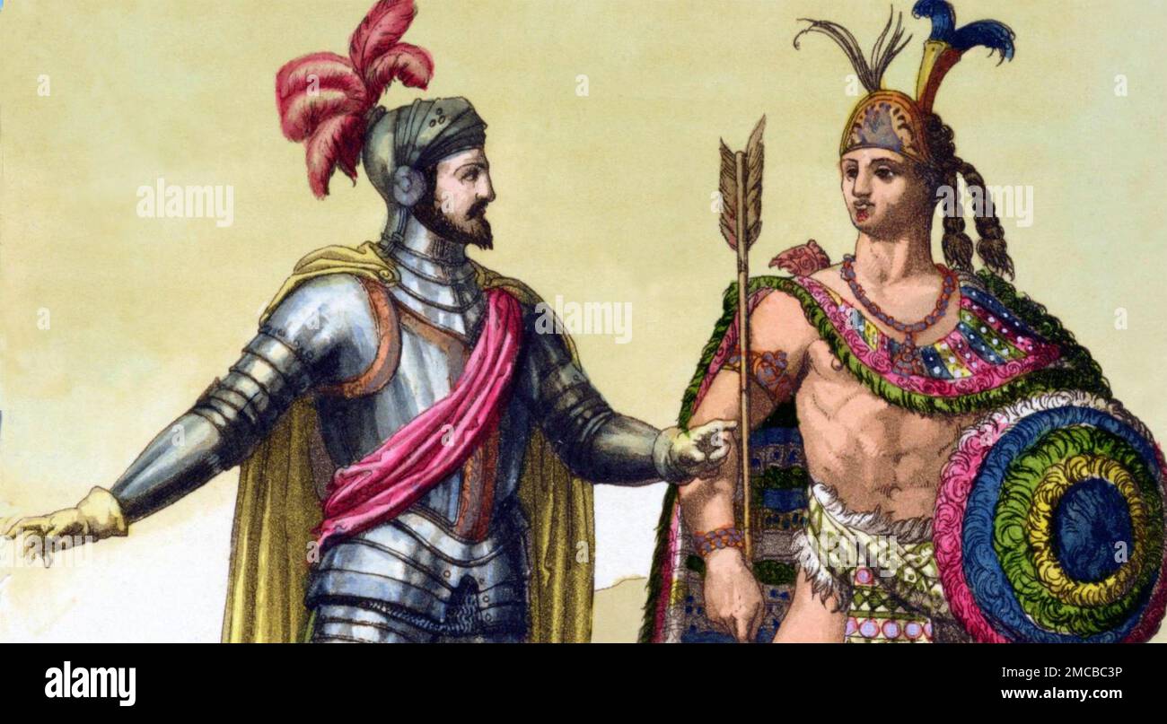 HERNÁN CORTÉS Spanish conquistador with Montezuma, the Aztec ruler ...
