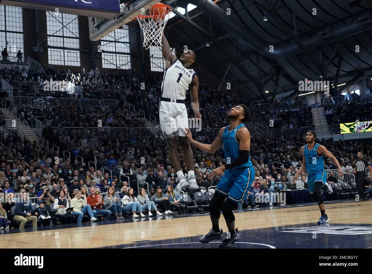 Butler guard Bo Hodges (1) shoots in front of Georgetown guard Donald ...