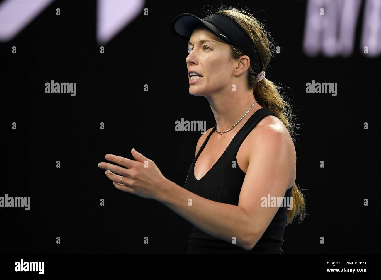 Danielle Collins of the U.S. reacts during her match against Ash Barty ...