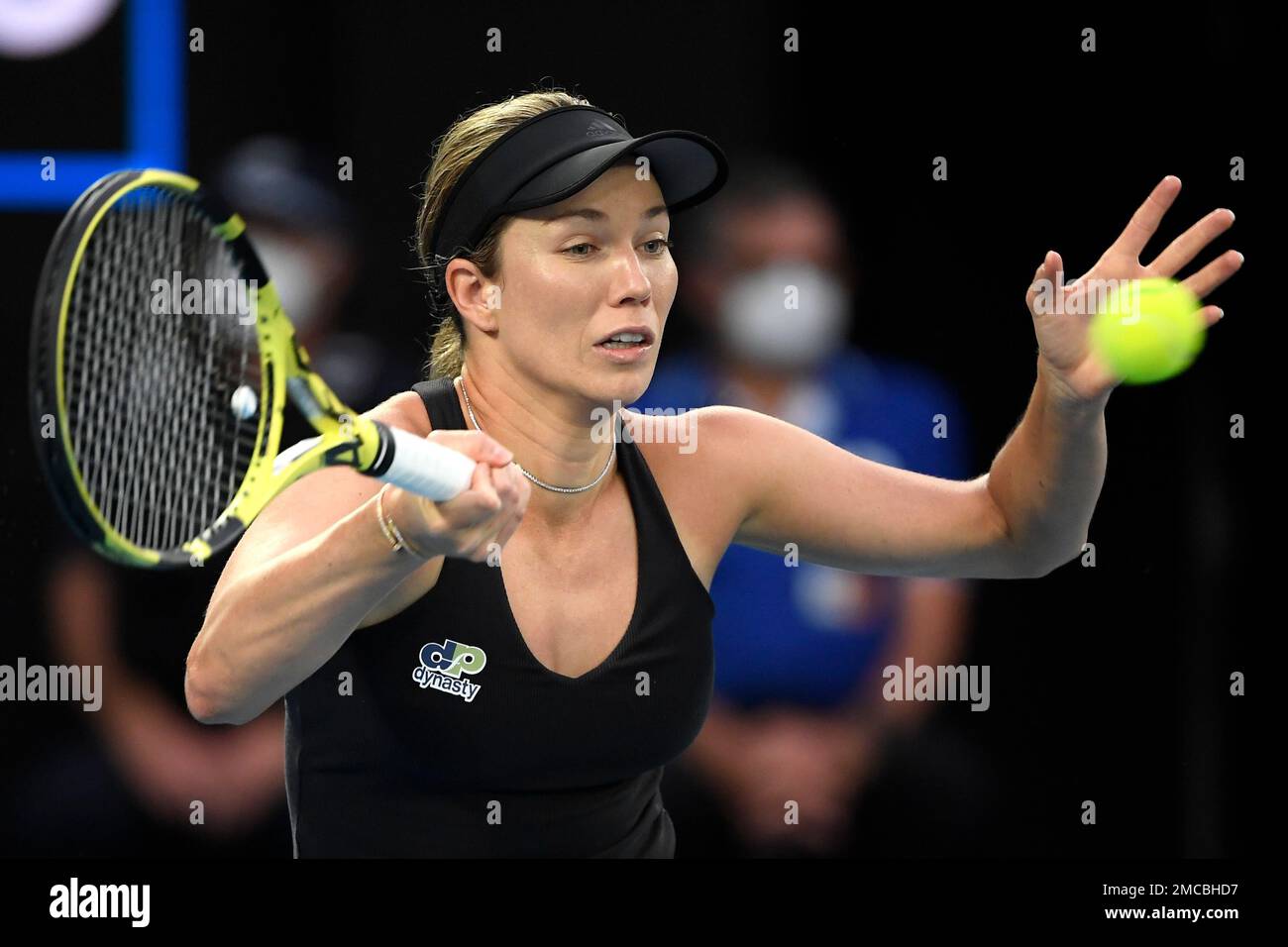 Danielle Collins of the U.S. plays a forehand return to Ash Barty of Australia during the women ...