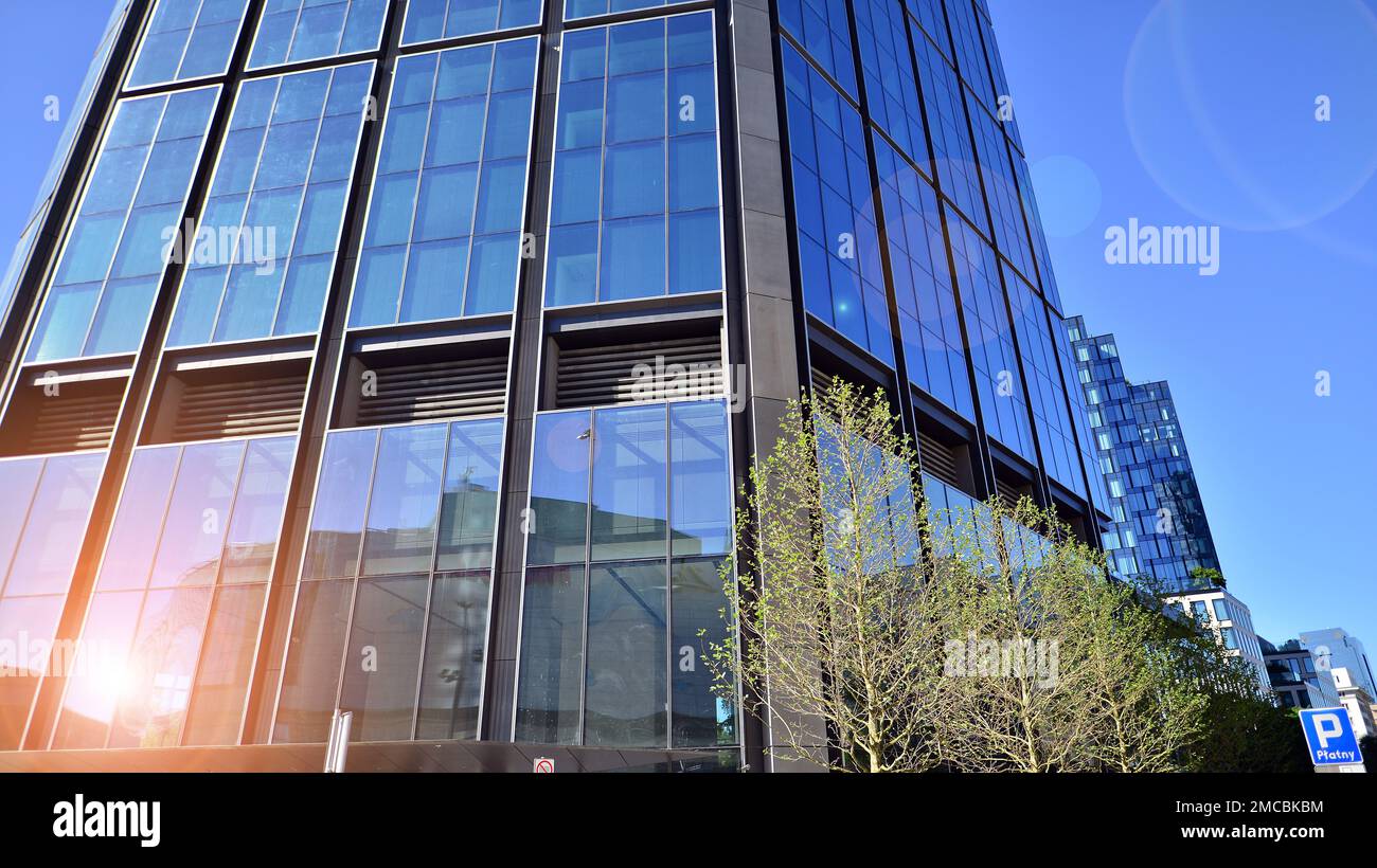 Eco architecture. Green tree and glass office building. The harmony of ...