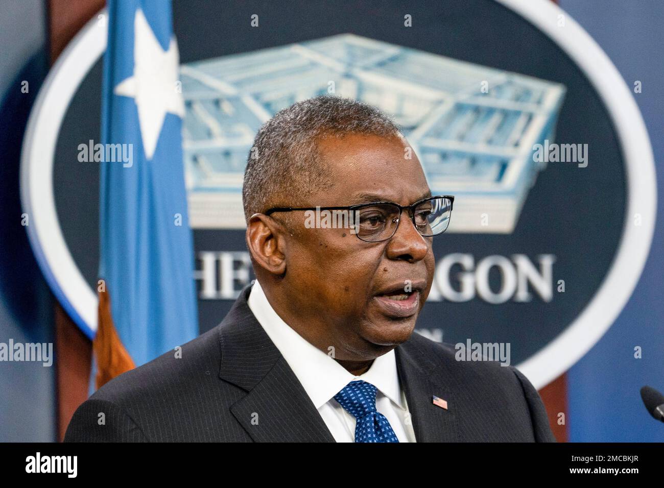 Secretary of Defense Lloyd Austin speaks during a media briefing at the ...