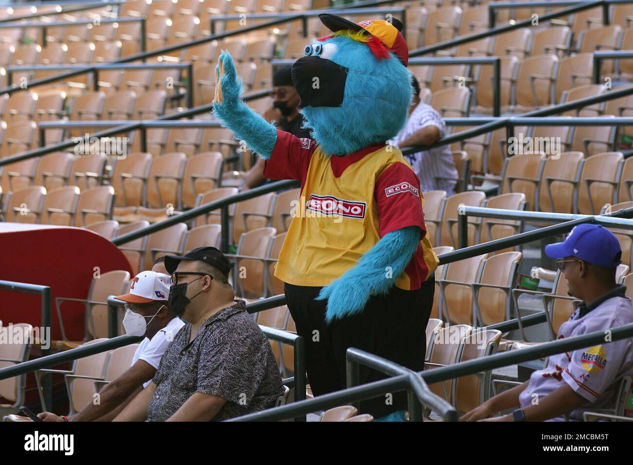 The Caribbean Series mascot jokes with the umpire during a Caribbean ...