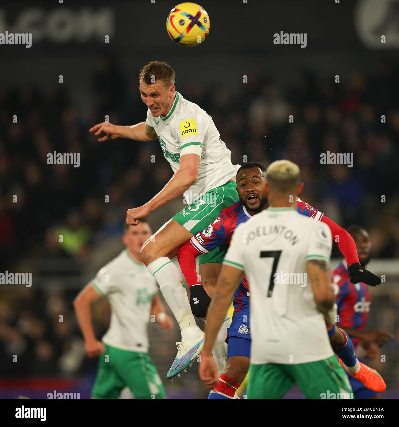 London, UK. 21st Jan, 2023. Dan Burn of Newcastle Utd wins a header ...