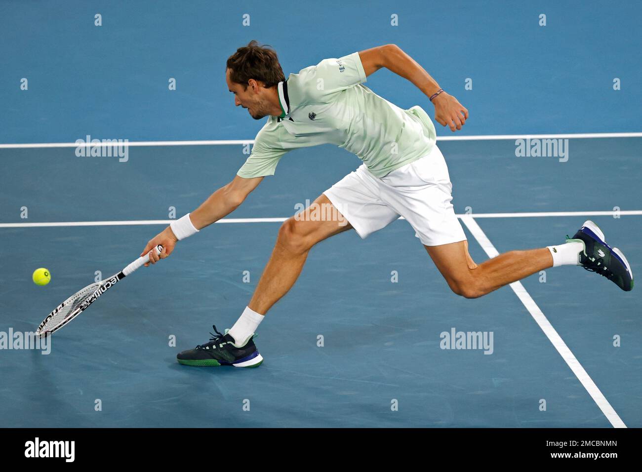 Daniil Medvedev of Russia plays a forehand return to Stefanos Tsitsipas ...