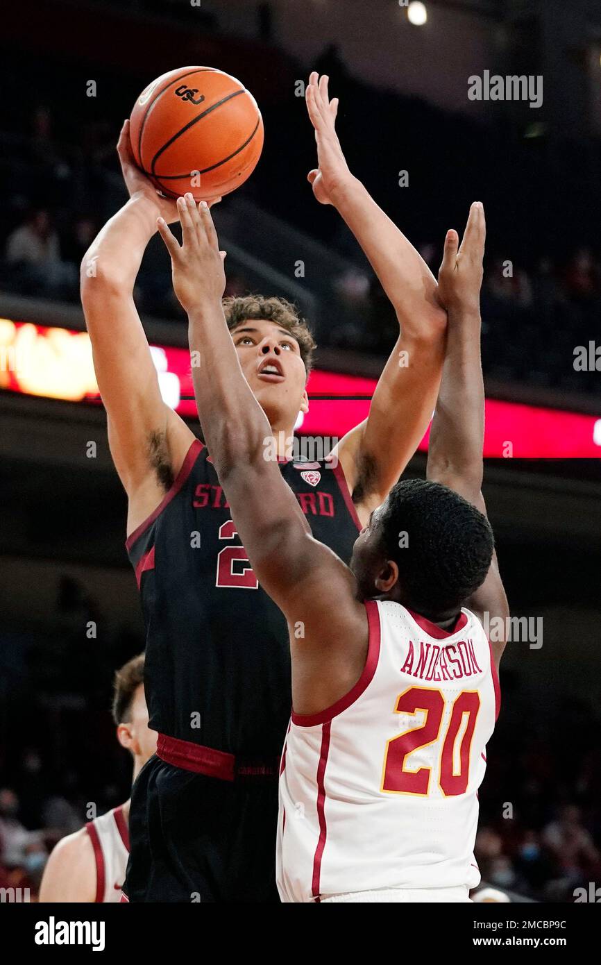 Stanford forward Brandon Angel, top, shoots as Southern California ...