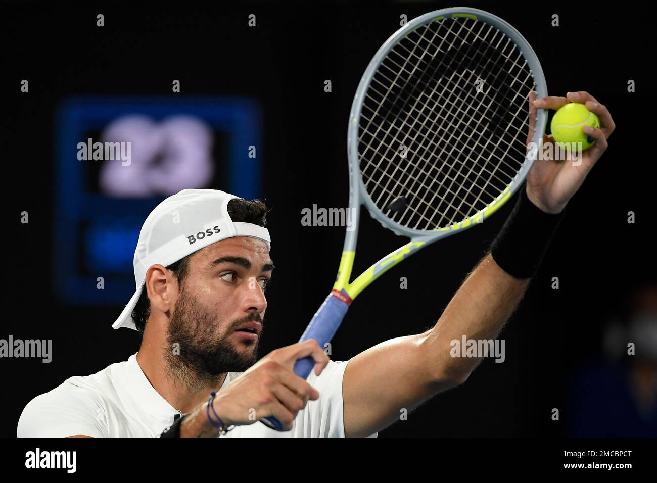 Matteo Berrettini of Italy prepares to serve to Rafael Nadal of Spain during their semifinal ...