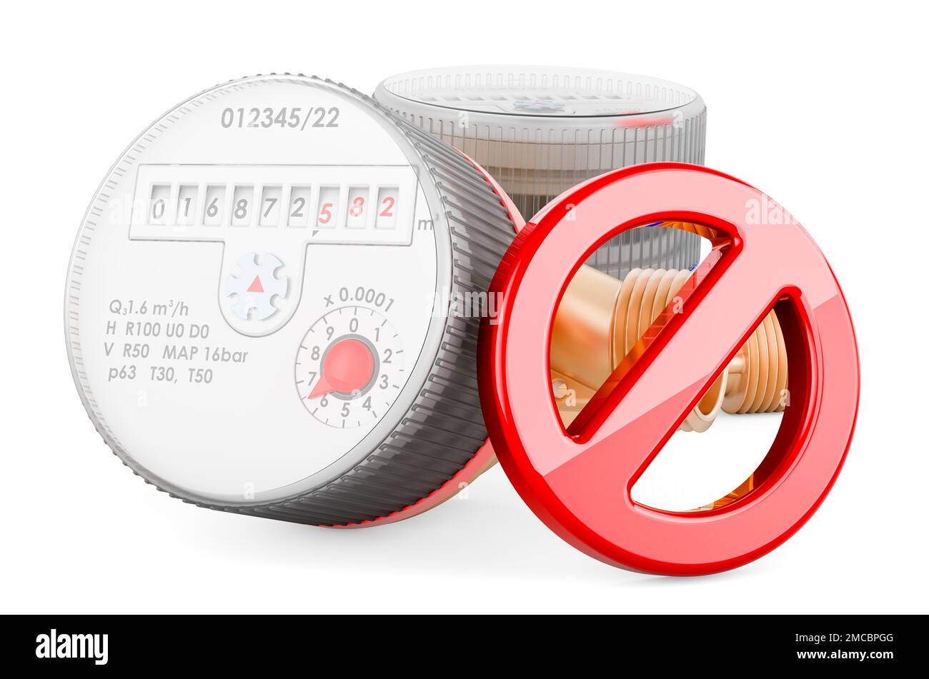 Cold and hot water meters with forbidden symbol, 3D rendering isolated ...