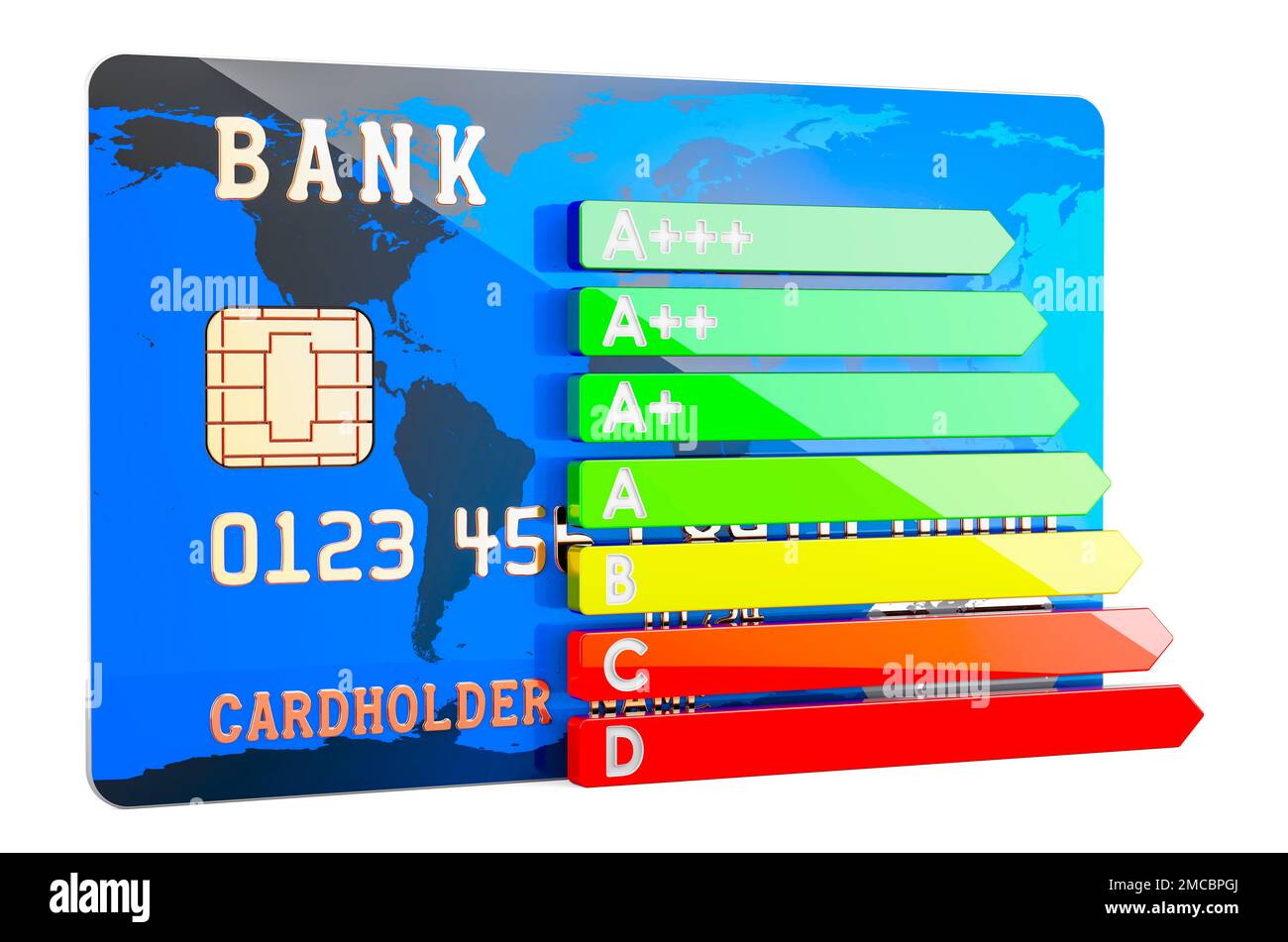 Credit card with energy efficiency chart, 3D rendering isolated on ...