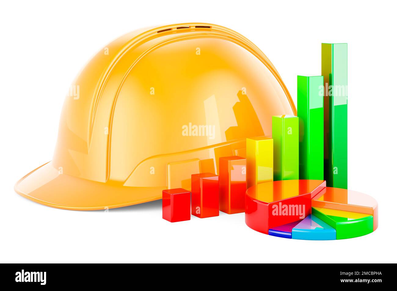 Construction Orange Hard Hat with growth bar graph and pie chart. 3D ...