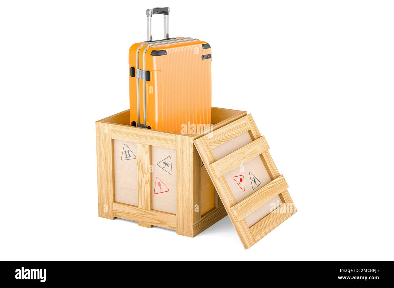 Luggage inside wooden box, delivery concept. 3D rendering isolated on ...