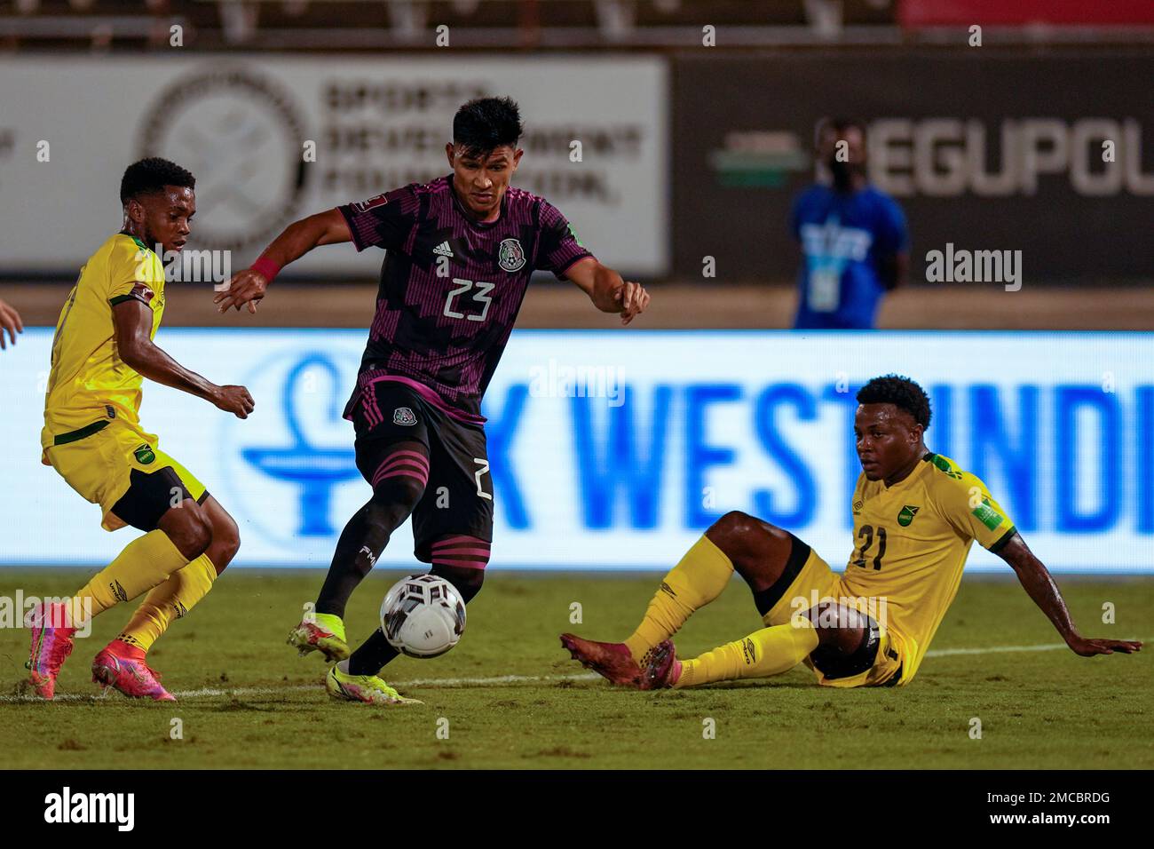 Jamaica's Javain Brown, right, watches Mexico's Jesus Gallardodribbling ...
