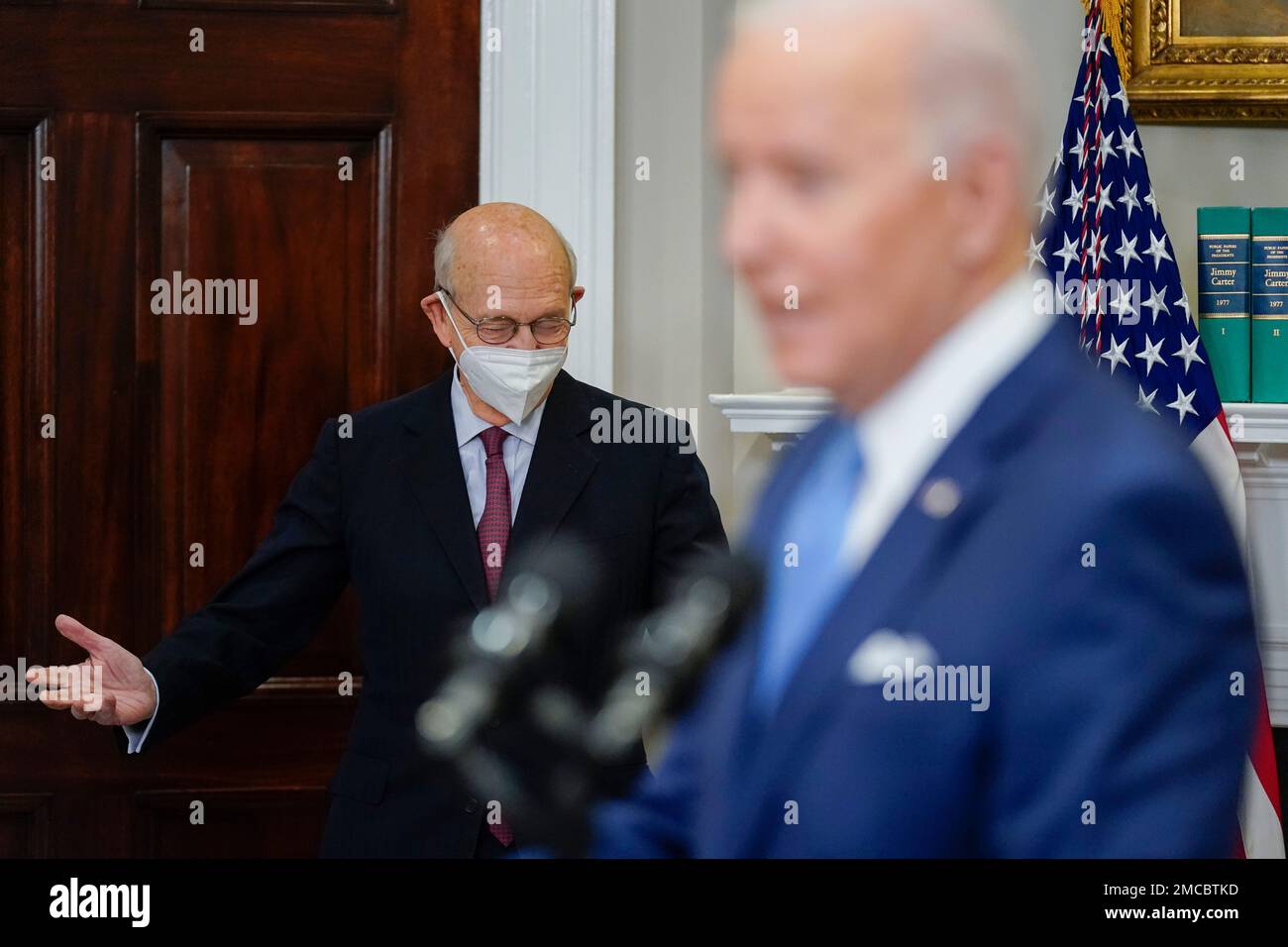 Supreme Court Associate Justice Stephen Breyer reacts as President Joe ...