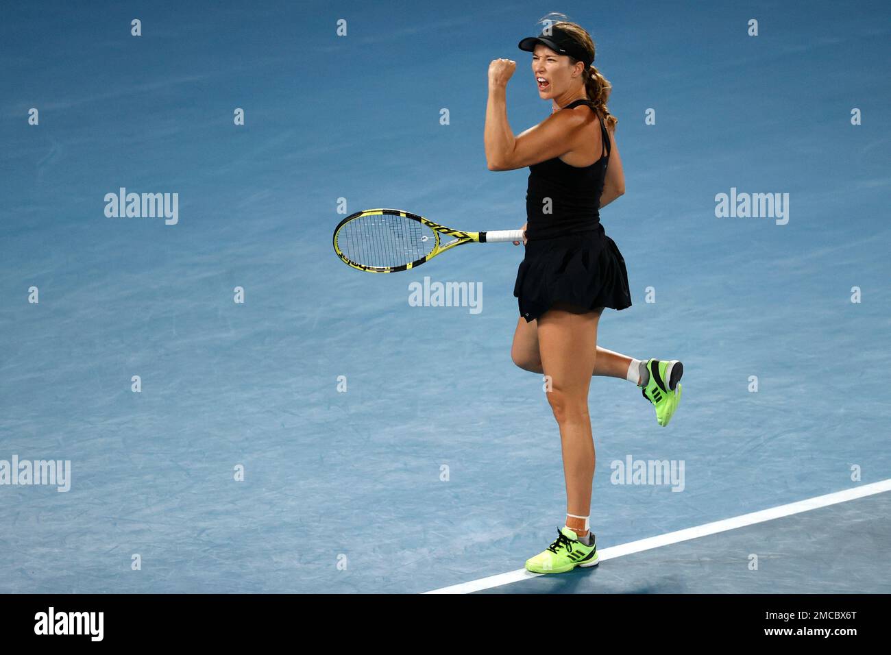 Danielle Collins of the U.S. reacts after winning a point against Iga ...